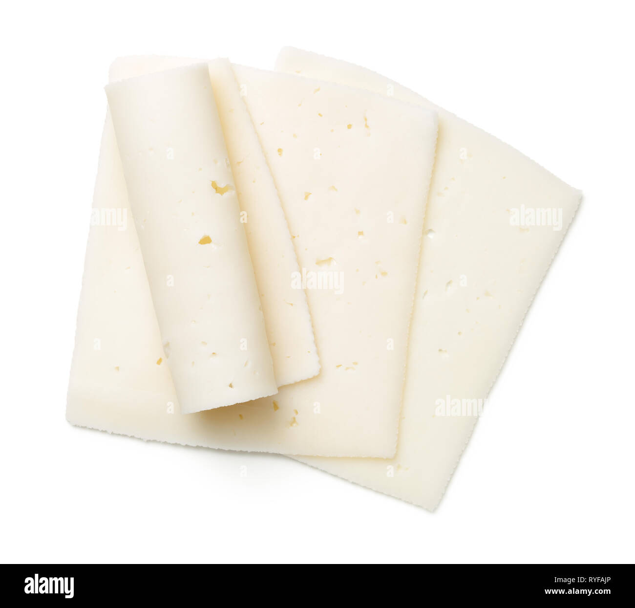 Goat cheese slices isolated on white background. Top view Stock Photo ...