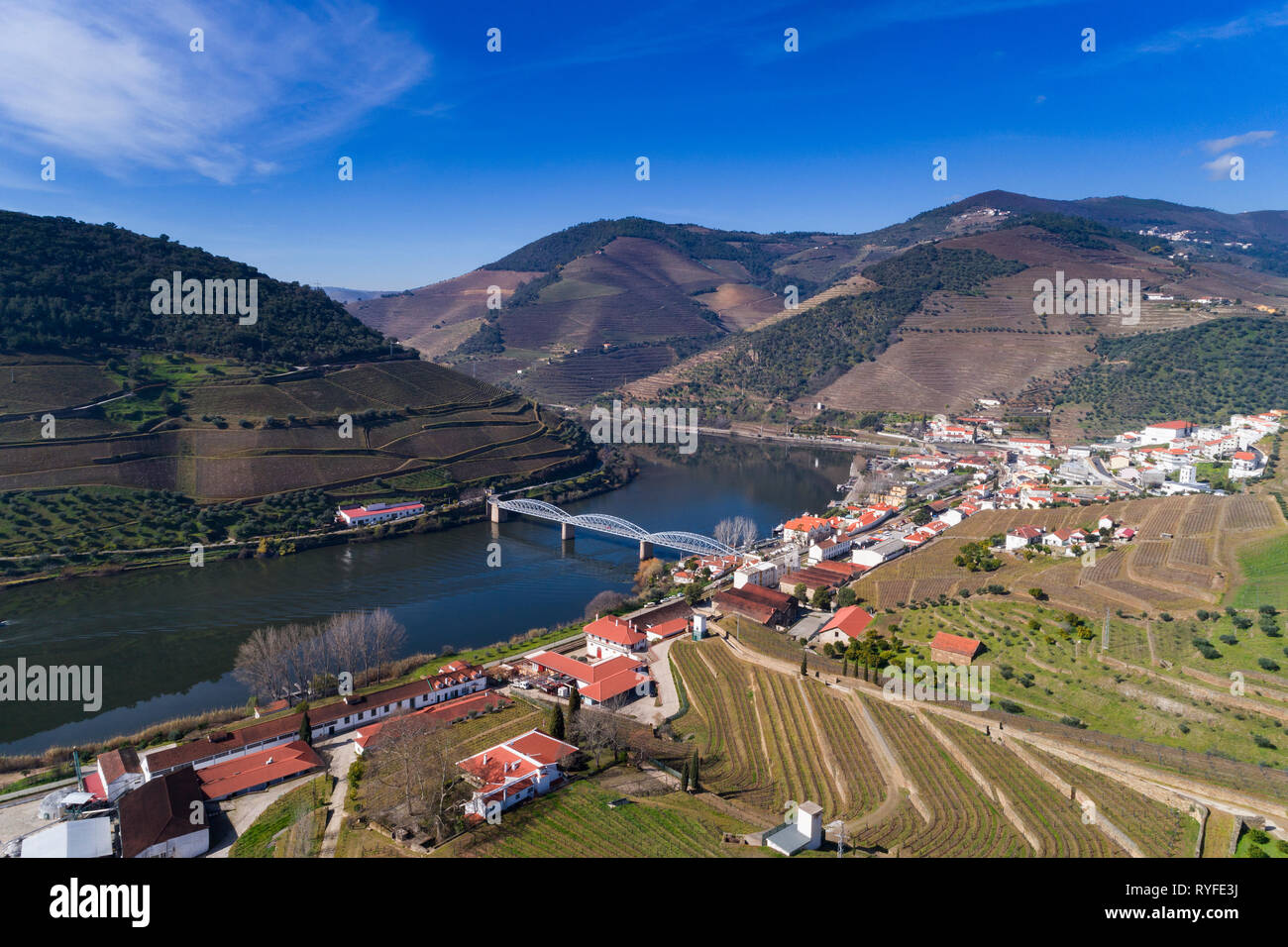 Aerial view of the Pinhao village with terraced vineyards and the Douro ...