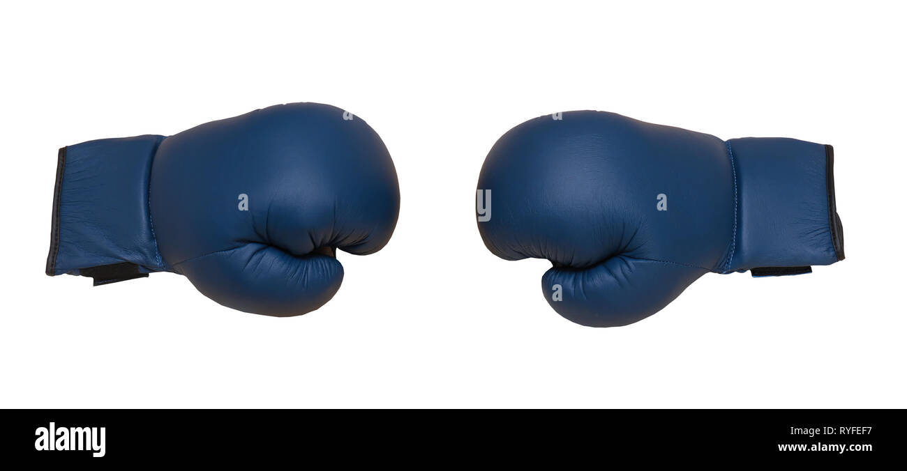 Sport leather boxing gloves fighting with each either on white ...