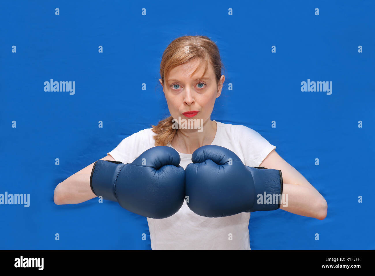 Young female boxer knocking her gloves between hands inside blue wall ...