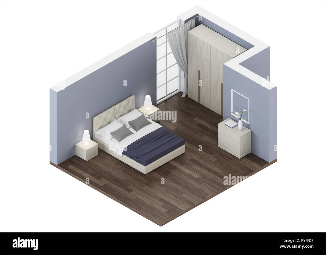 Bedroom interior design. Bedroom in blue tones. Orthogonal projection ...