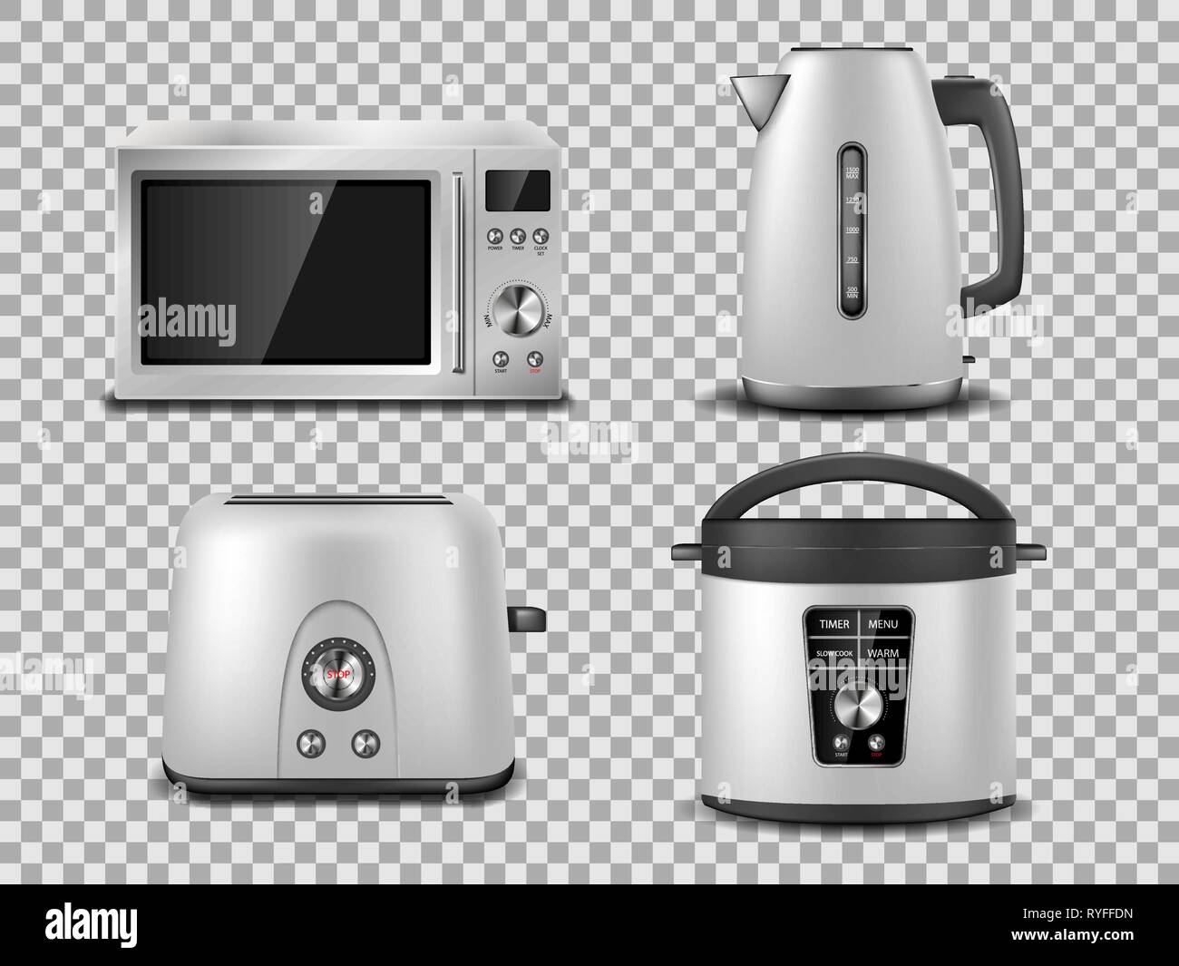 Kitchen appliances template. Realistic silver microwave, kettle, oven ...