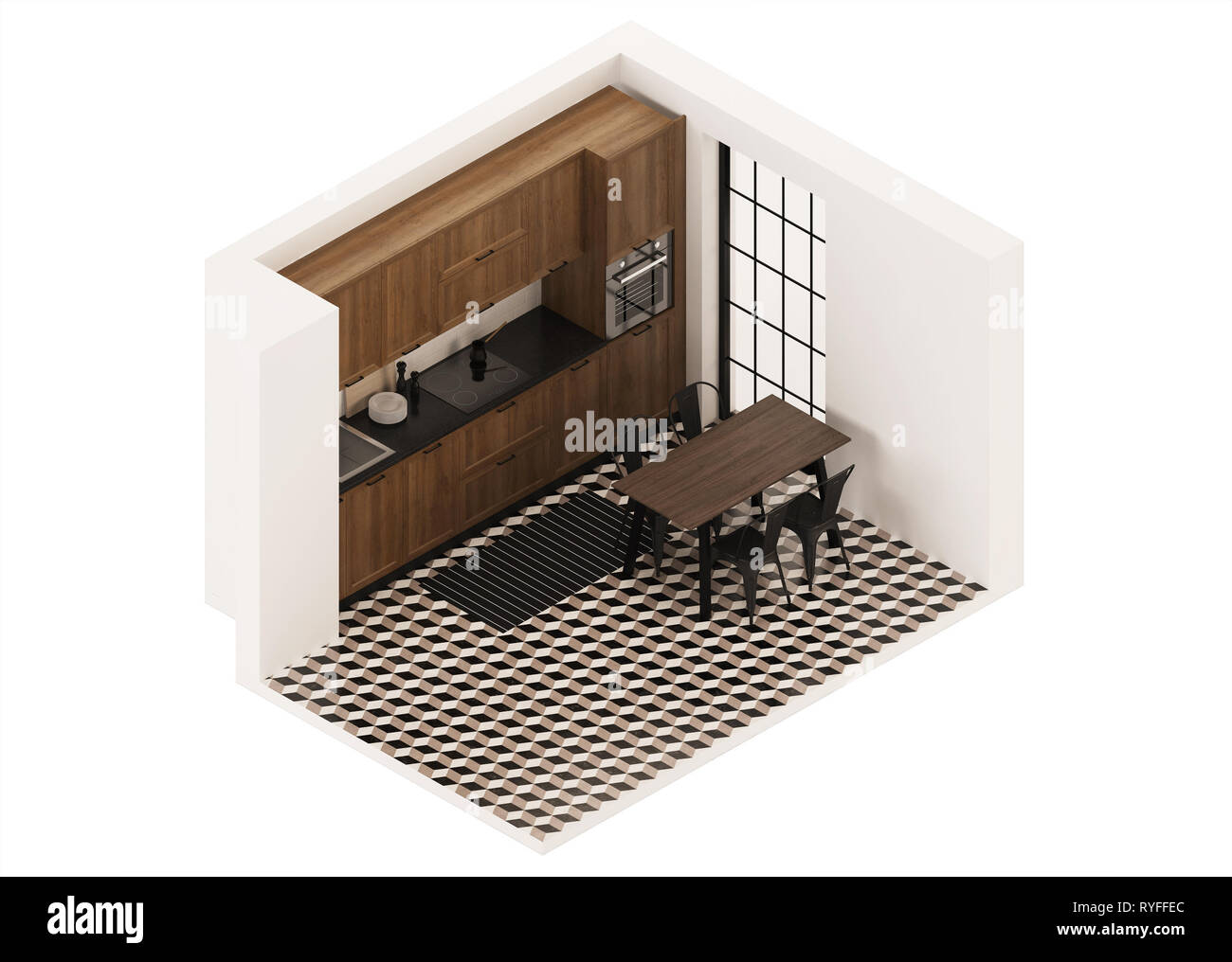 The modern interior of the house with a dark purple kitchen. Orthogonal ...