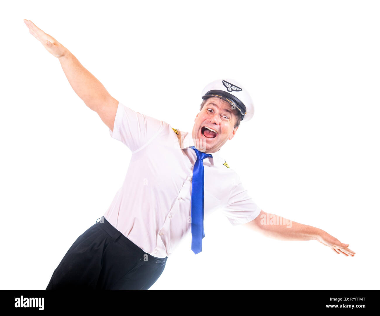 Happy laughing pilot in uniform gesturing flight isolated on white ...