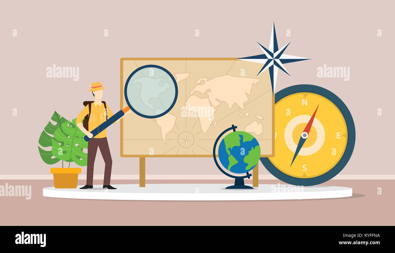 learn geography concept with men explorer suit explain world maps ...
