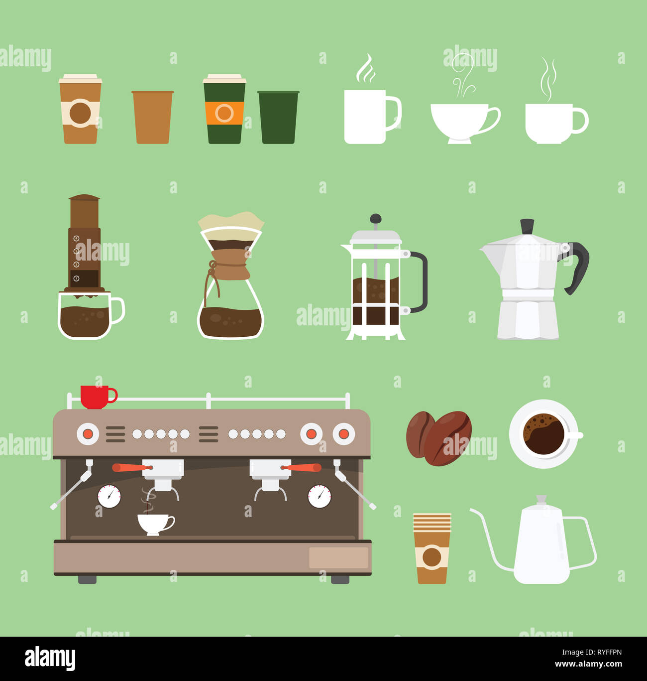 coffee machine tools equipment set collection with flat design style ...