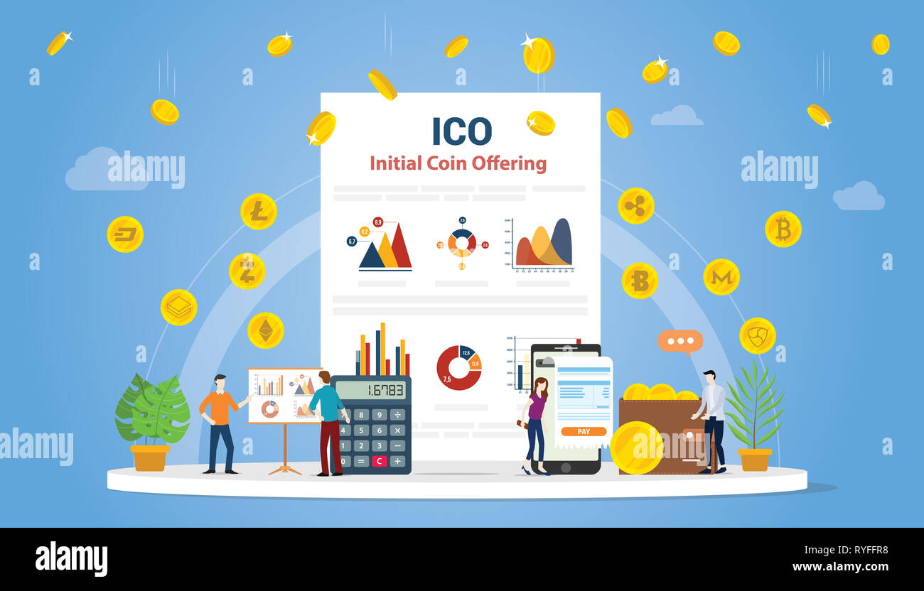 ico initial coin offering concept with people and business money graph ...