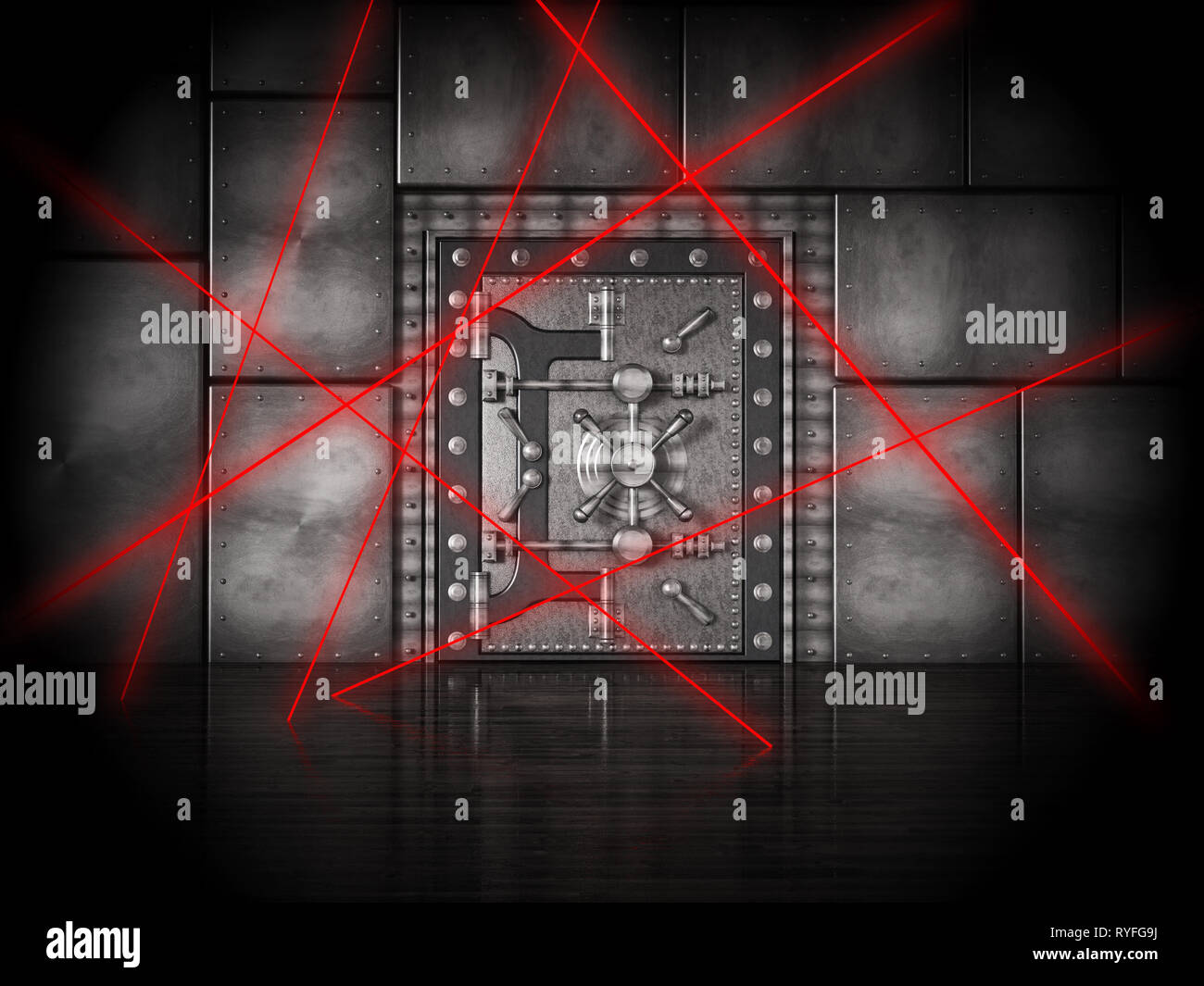 Red laser beams on bank vault door under heavy protection. 3D ...