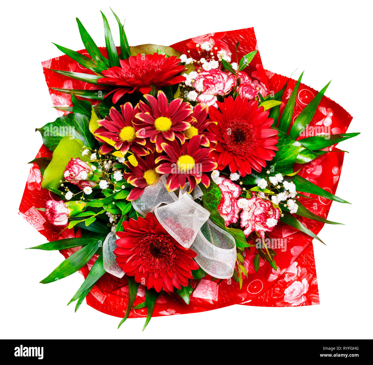 red flower bouquet photogtaphed from above - isolated on white ...
