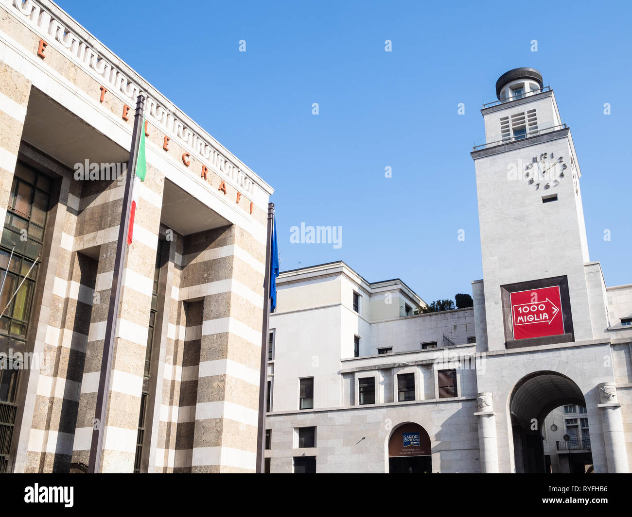 BRESCIA, ITALY - FEBRUARY 21, 2019: clock tower Torre della Rivoluzione ...