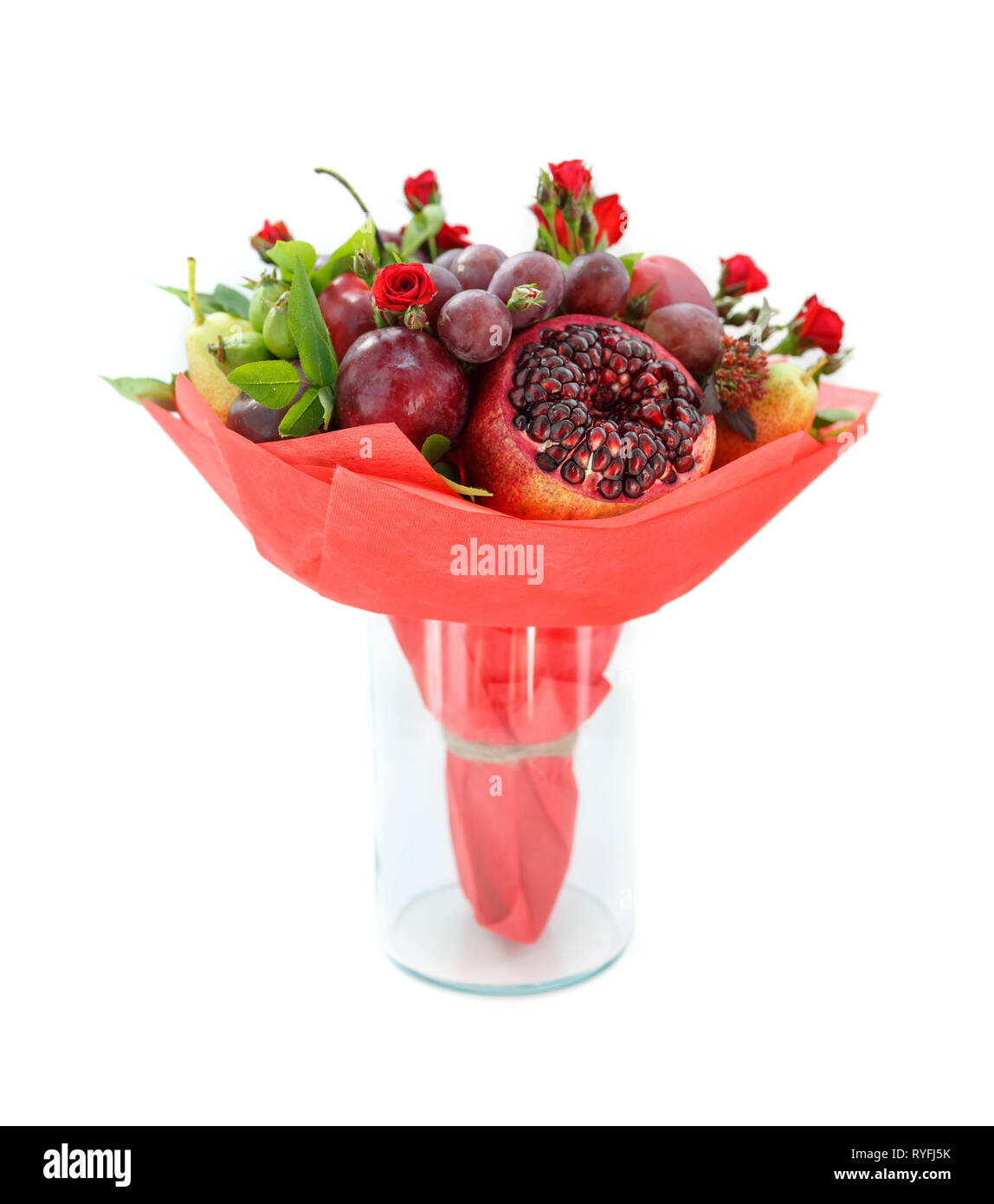 Edible bouquet consisting of pomegranate, apples, plums and scarlet ...