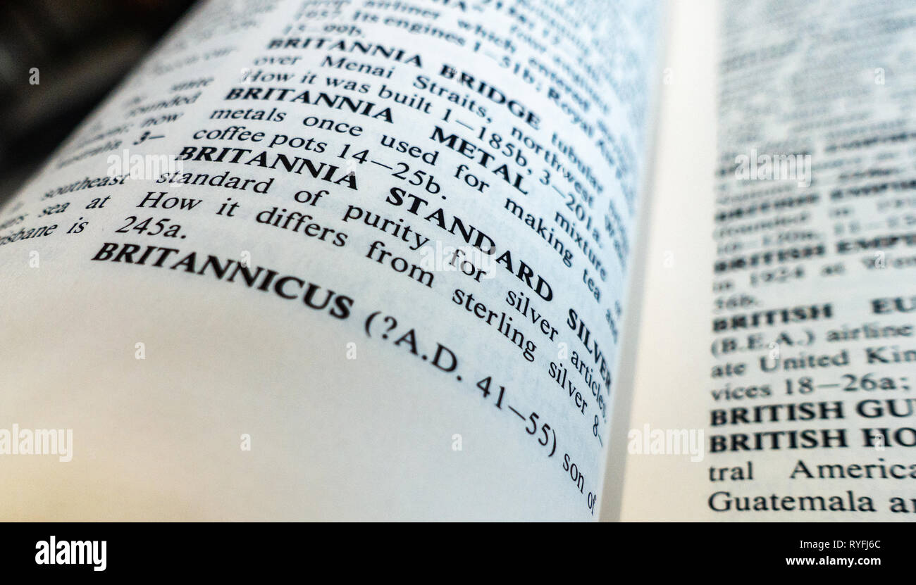 Close up of words on the page of a Childrens Encyclopedia Britannica ...