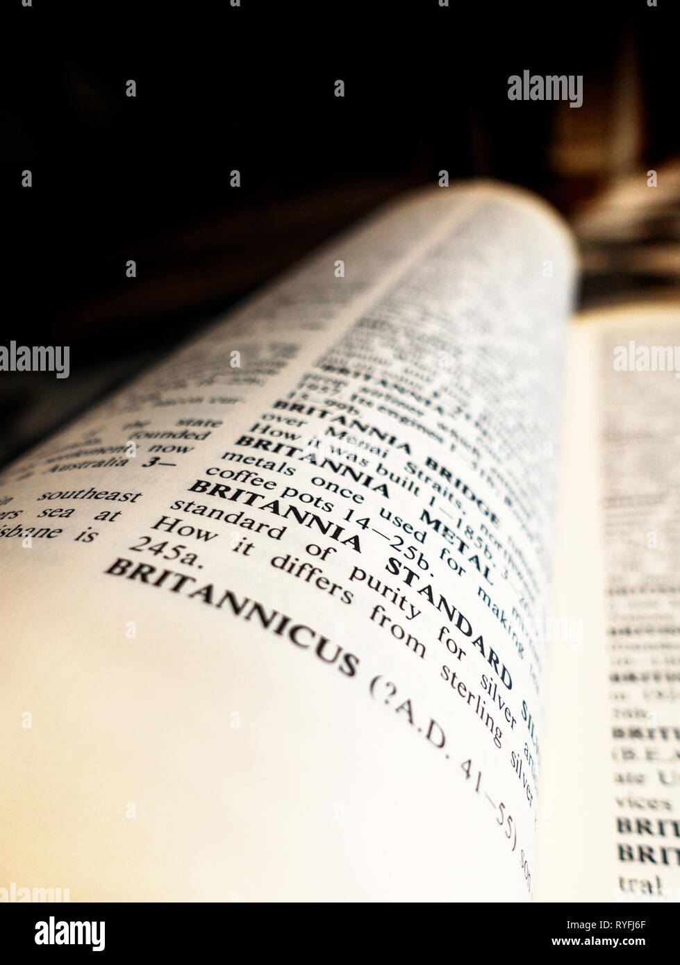 Close up of words on the page of a Childrens Encyclopedia Britannica ...