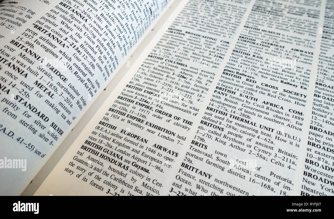 Close up of words on the page of a Childrens Encyclopedia Britannica ...