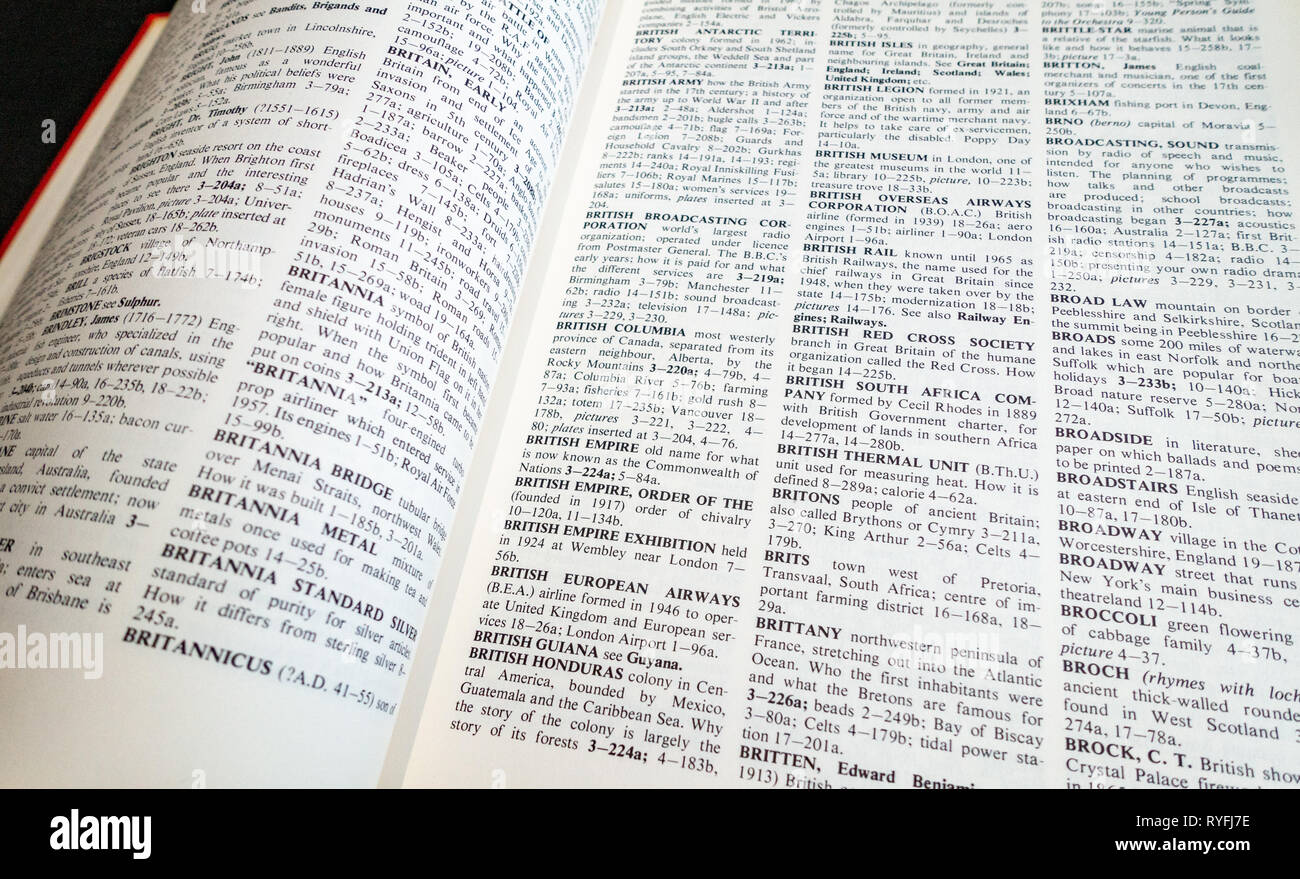 Close up of words on the page of a Childrens Encyclopedia Britannica ...