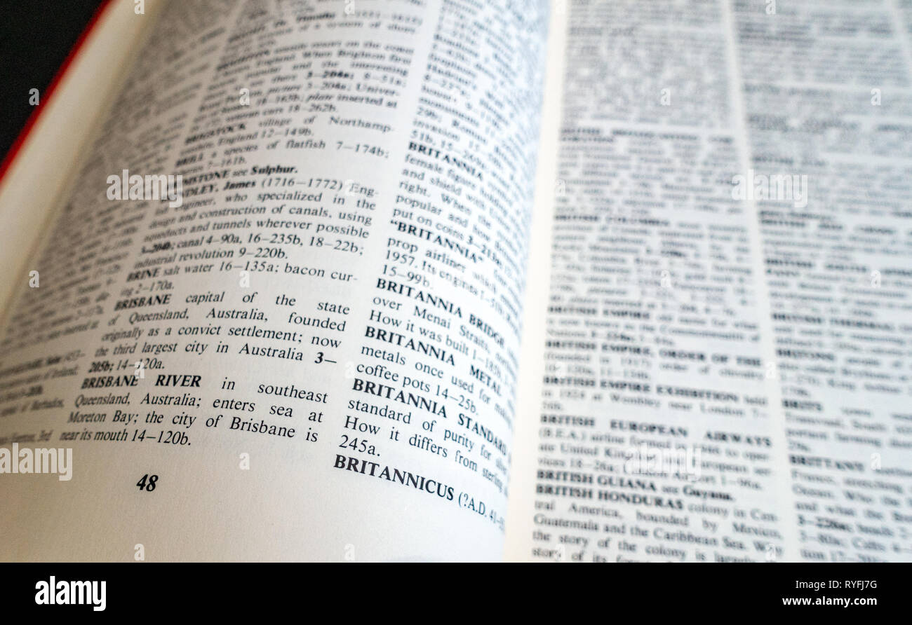 Close up of words on the page of a Childrens Encyclopedia Britannica ...