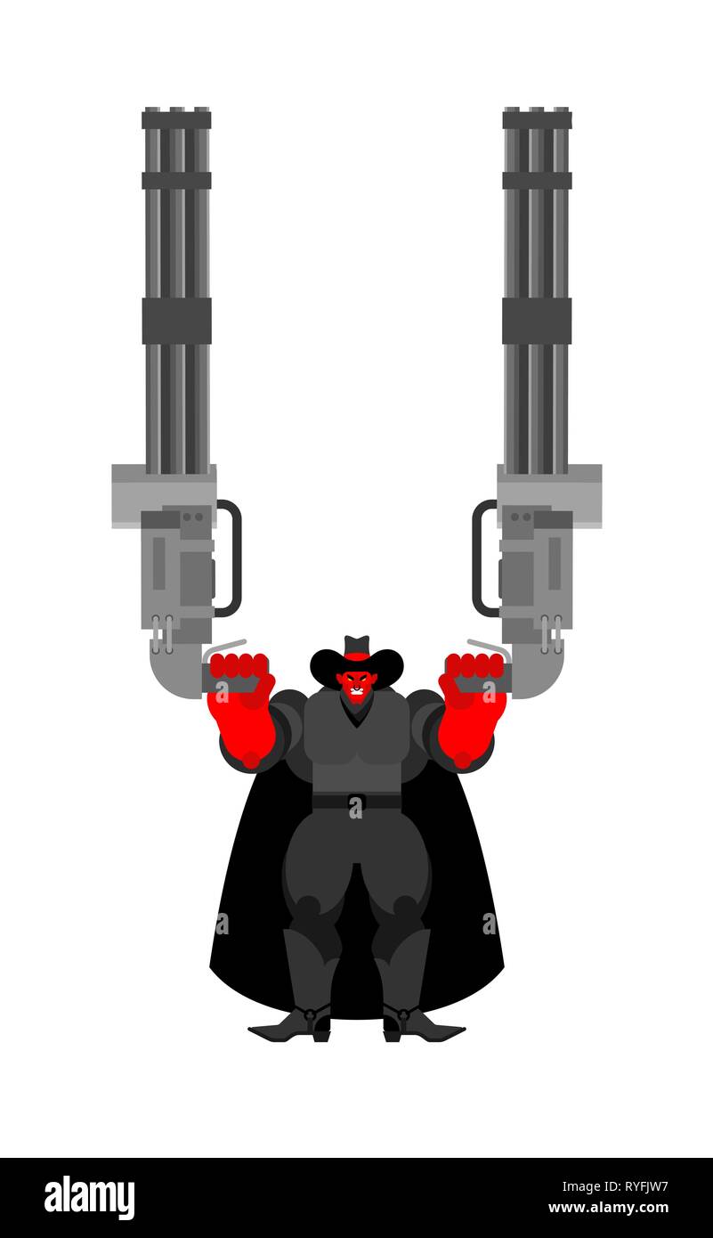 Devil evil Cowboy and Minigun. Wild West Demon gunfighter. Angry ...