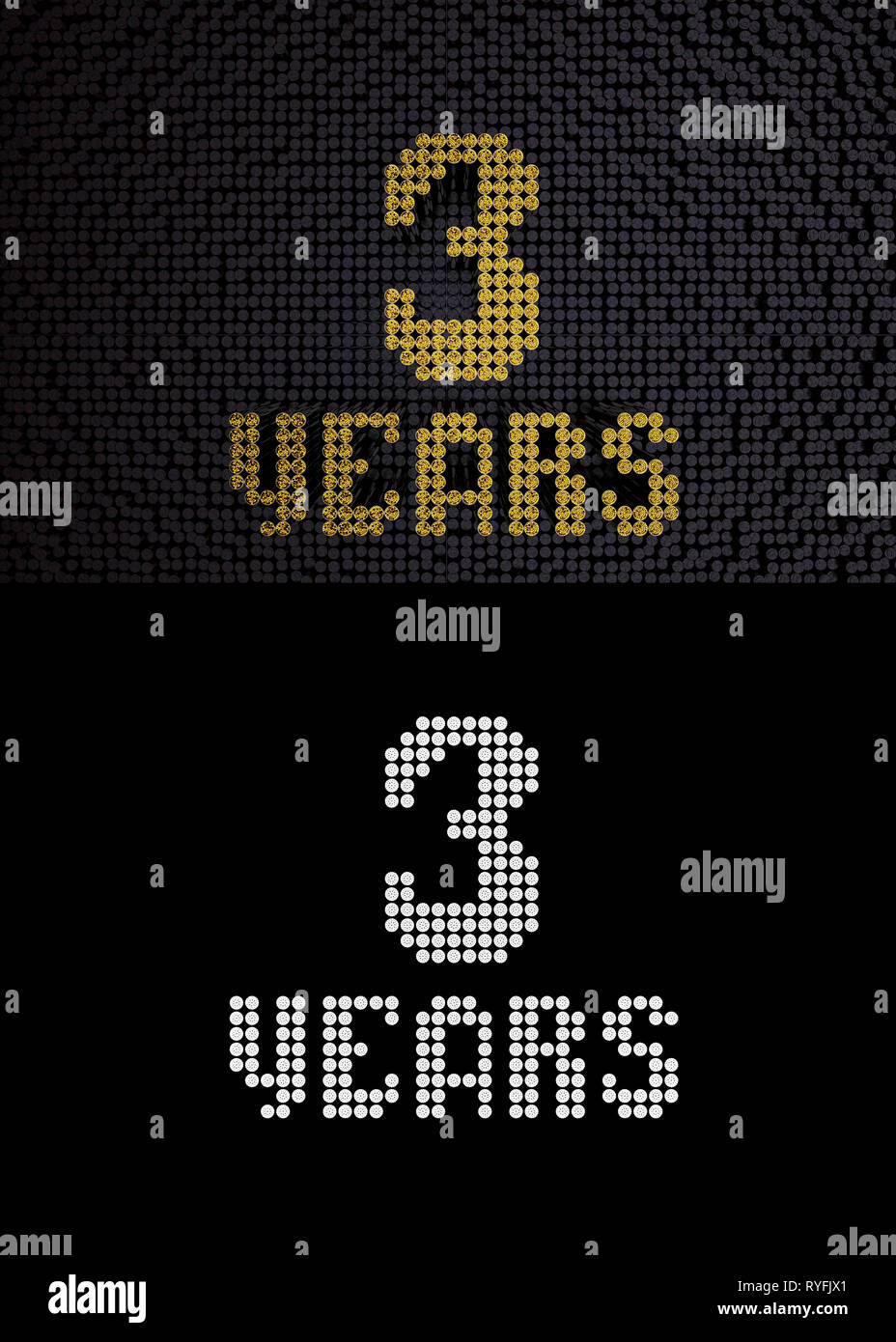 Golden number three years (number 3 years) dotted font, top view, with ...