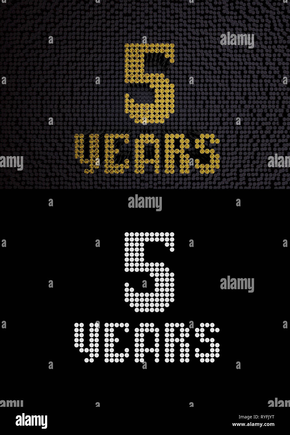 Golden number five years (number 5 years) dotted font, top view, with ...