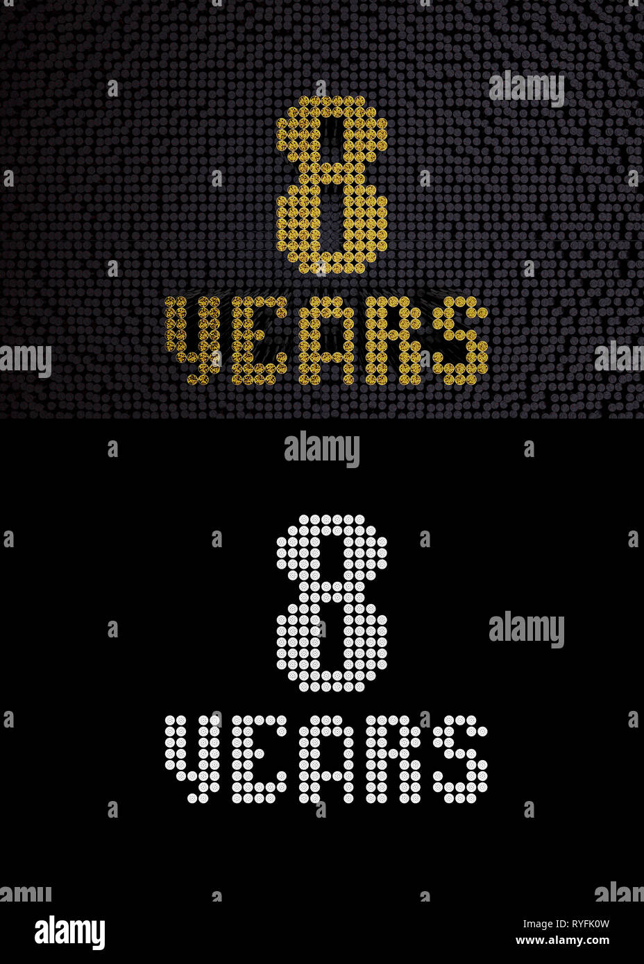 Golden number eight years (number 8 years) dotted font, top view, with ...