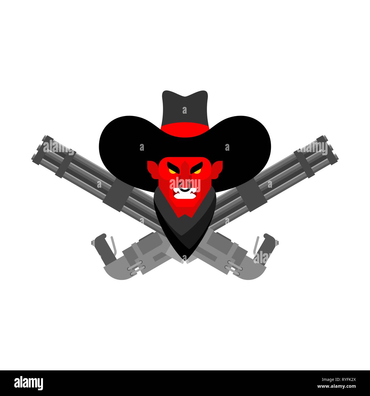 Devil Cowboy face and gun. Crossed Minigun. Wild West Demon gunfighter ...
