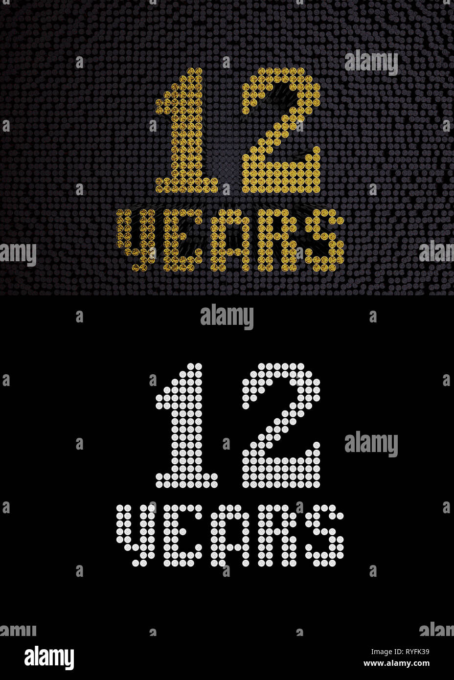 Golden number twelve years (number 12 years) dotted font, top view ...