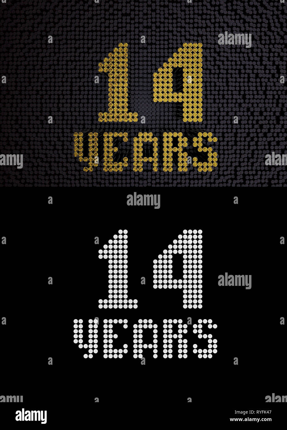 Golden number fourteen years (number 14 years) dotted font, top view ...