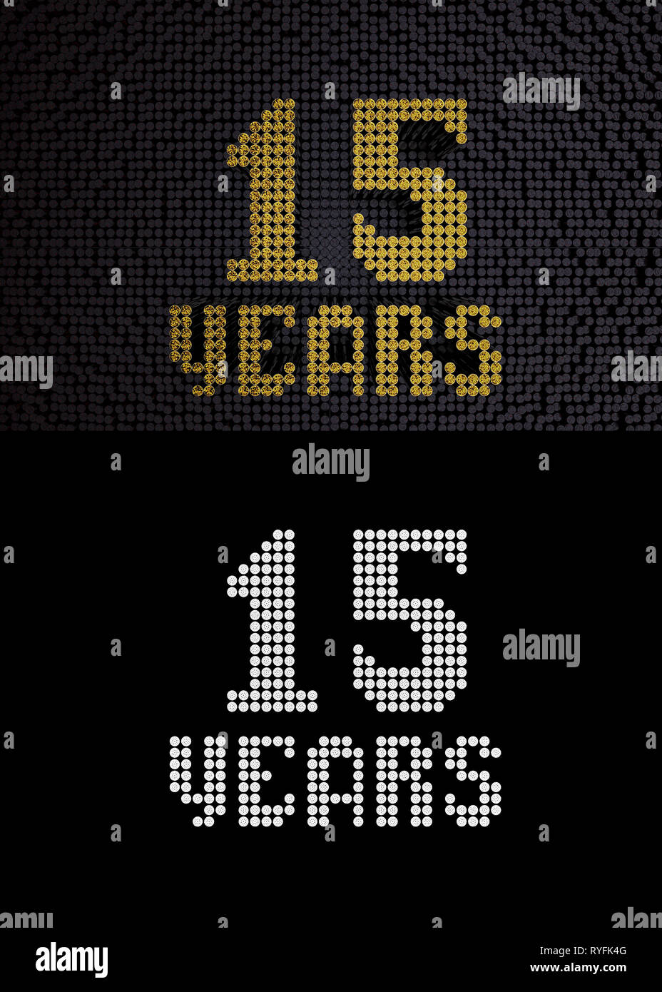 Golden number fifteen years (number 15 years) dotted font, top view ...