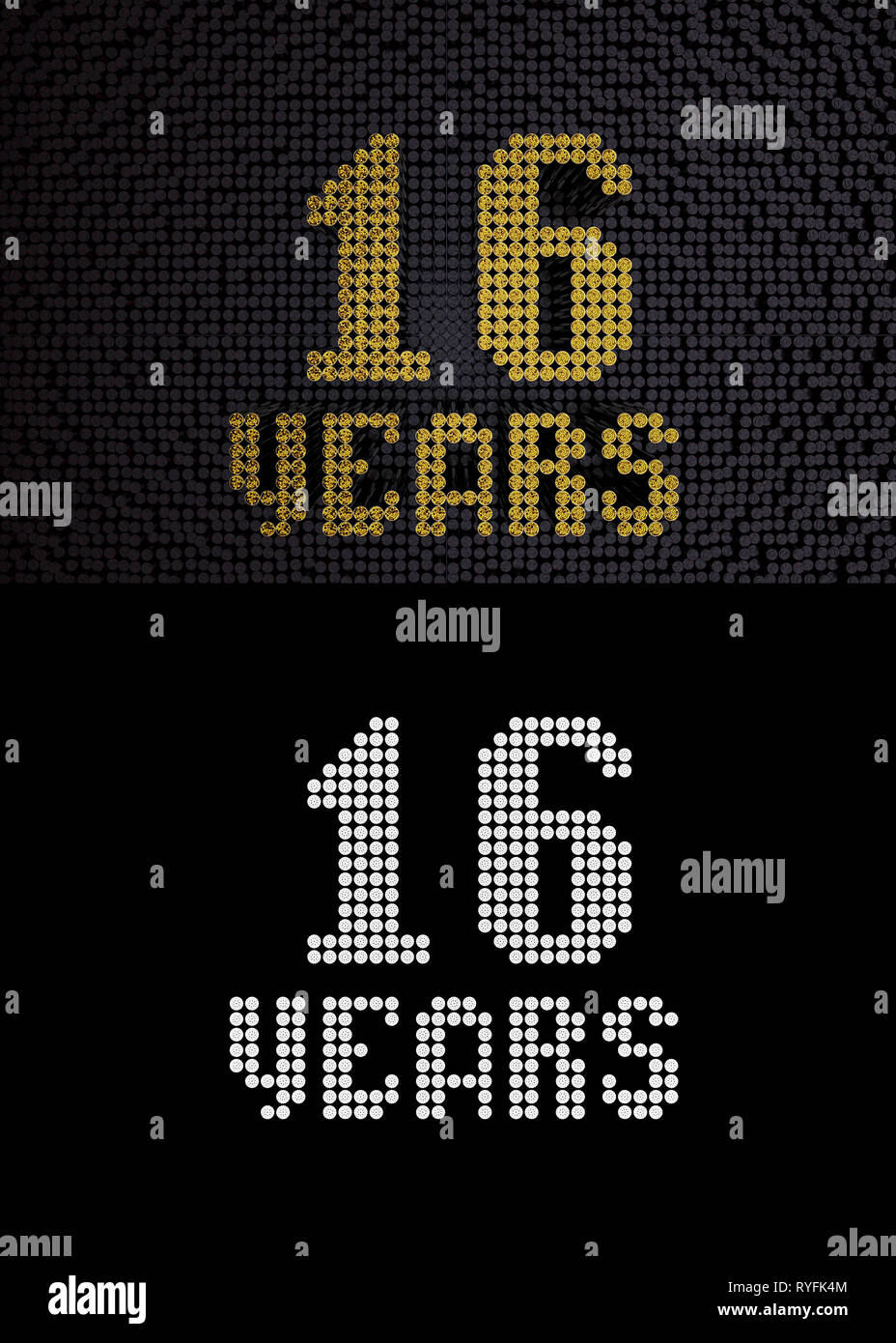 Golden number sixteen years (number 16 years) dotted font, top view ...