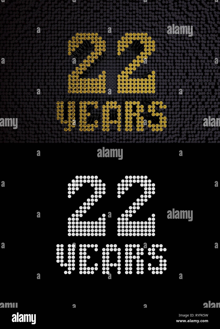 Golden number twenty-two years (number 22 years) dotted font, top view ...