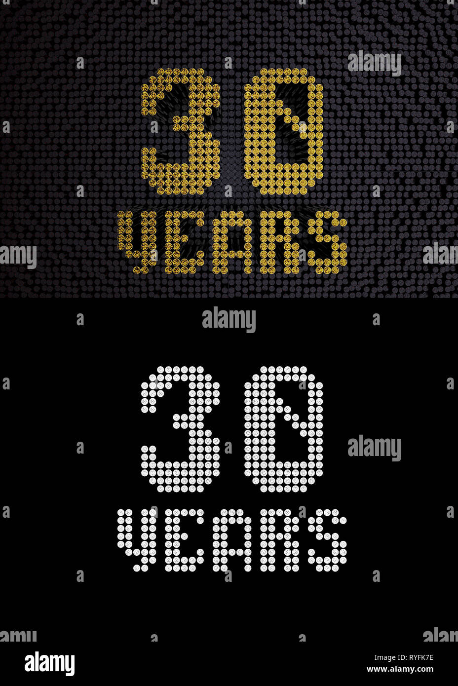 Golden number thirty years (number 30 years) dotted font, top view ...
