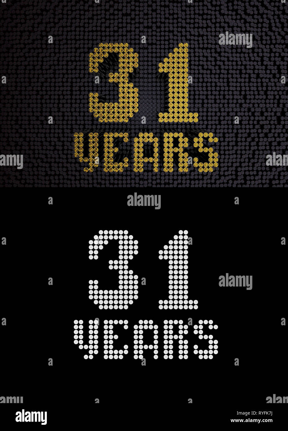 Golden number thirty-one years (number 31 years) dotted font, top view ...