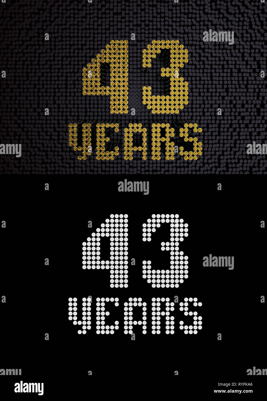 Golden number forty-three years (number 43 years) dotted font, top view ...