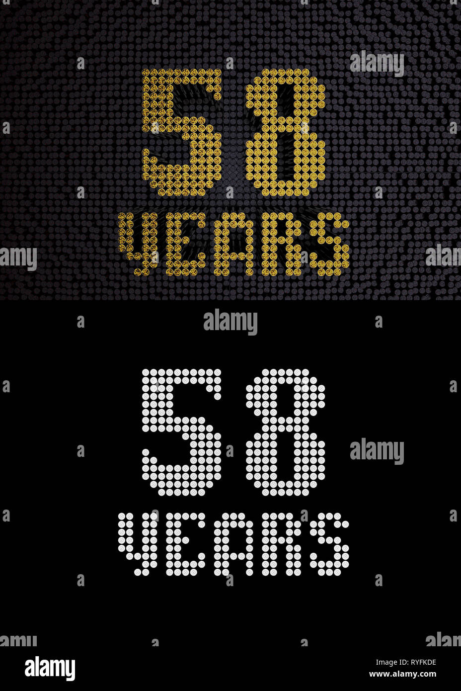 Golden number fifty-eight years (number 58 years) dotted font, top view ...