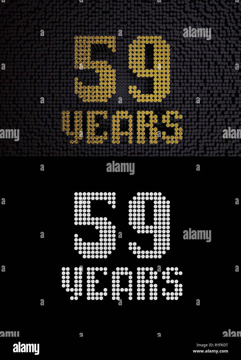Golden number fifty-nine years (number 59 years) dotted font, top view ...