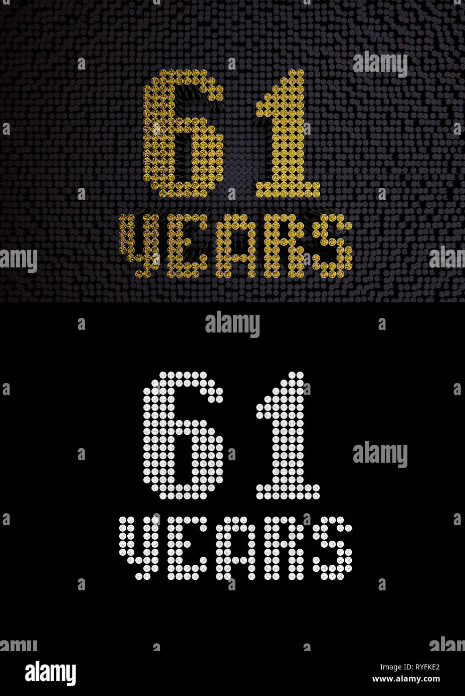 Golden number sixty-one years (number 61 years) dotted font, top view ...