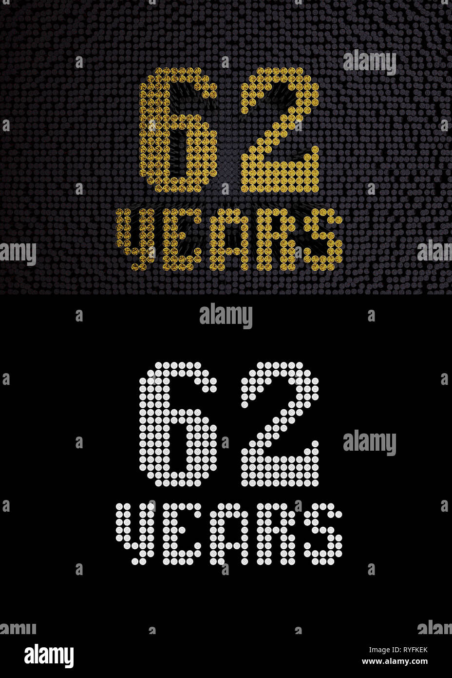 Golden number sixty-two years (number 62 years) dotted font, top view ...