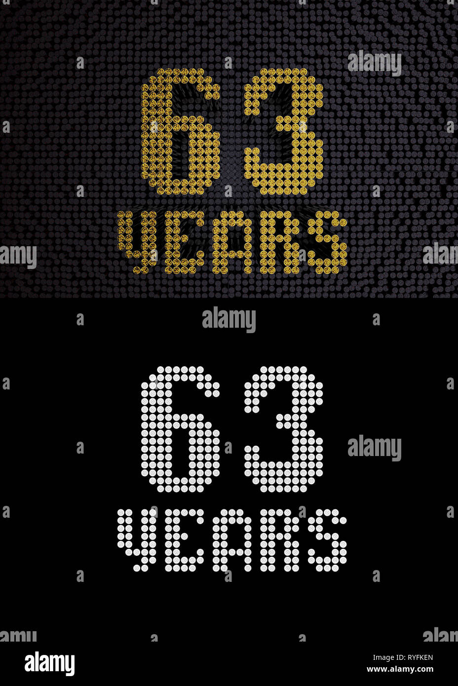 Golden number sixty-three years (number 63 years) dotted font, top view ...