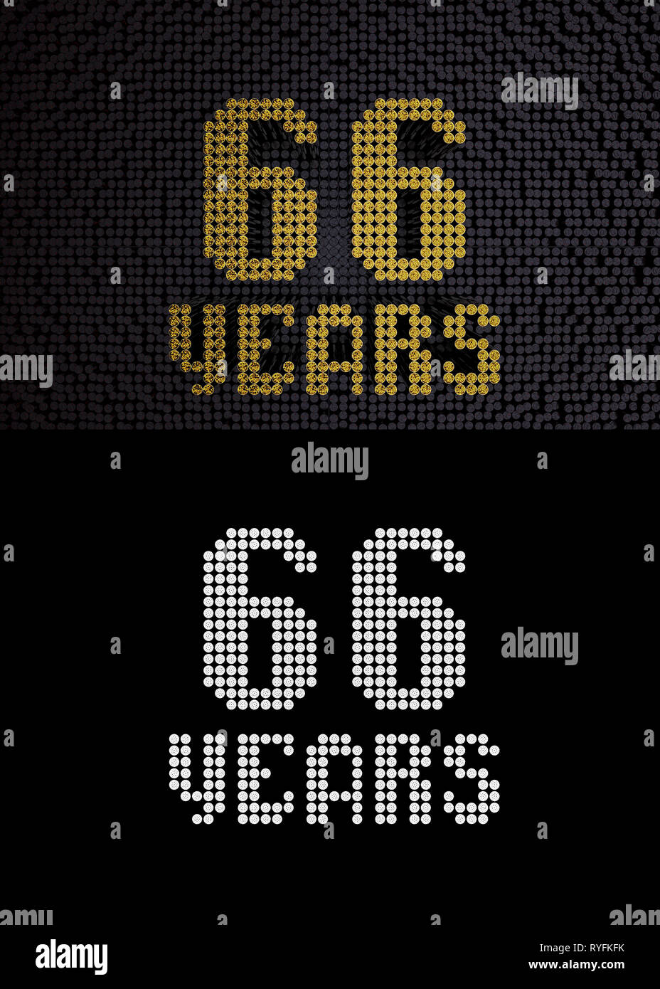 Golden number sixty-six years (number 66 years) dotted font, top view ...