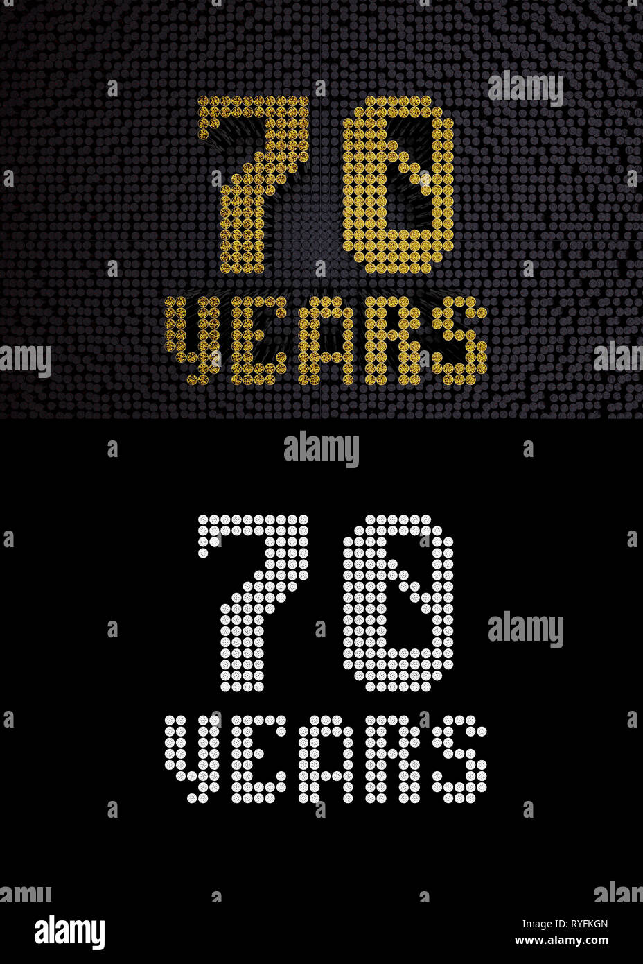 Golden number seventy years (number 70 years) dotted font, top view ...