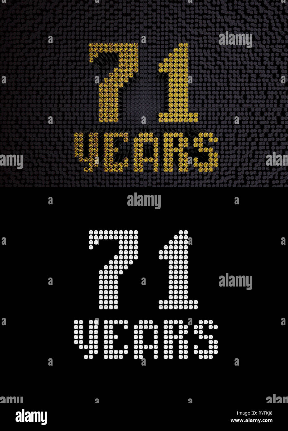Golden number seventy-one years (number 71 years) dotted font, top view ...