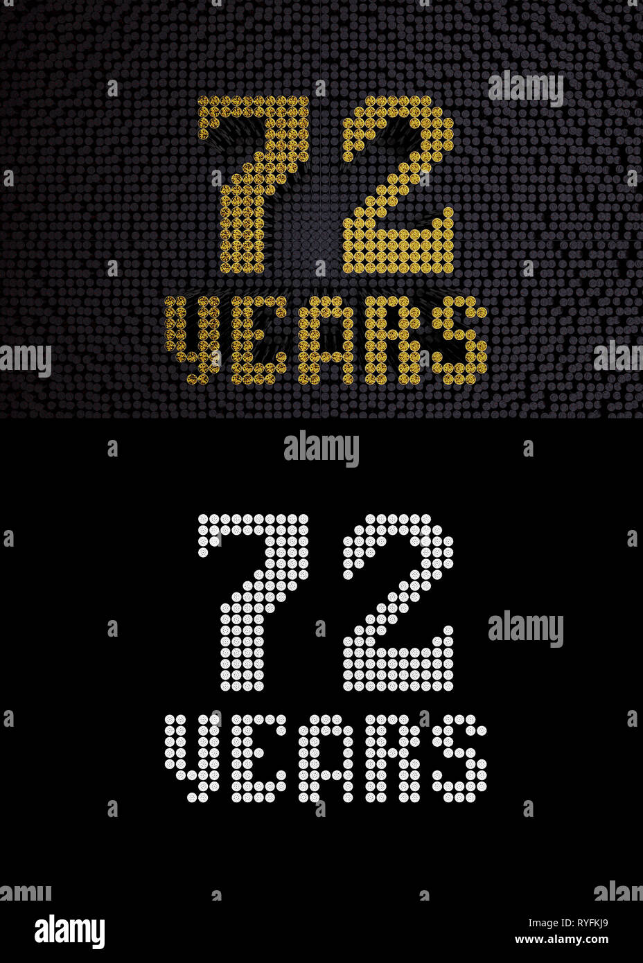 Golden number seventy-two years (number 72 years) dotted font, top view ...