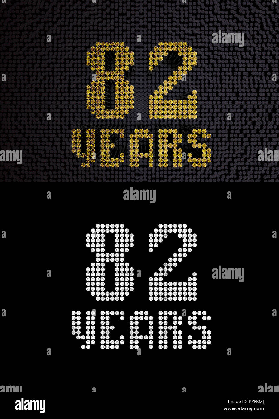 Golden number eighty-two years (number 82 years) dotted font, top view ...