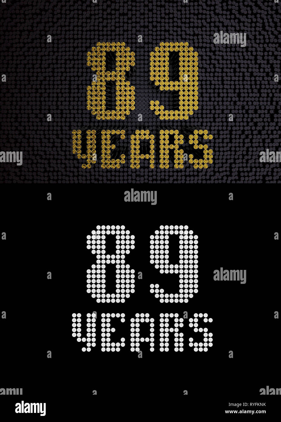 Golden number eighty-nine years (number 89 years) dotted font, top view ...