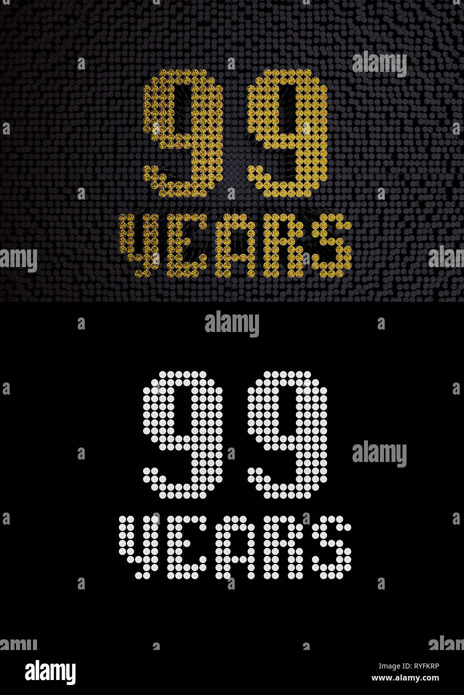 Golden number ninety-nine years (number 99 years) dotted font, top view ...