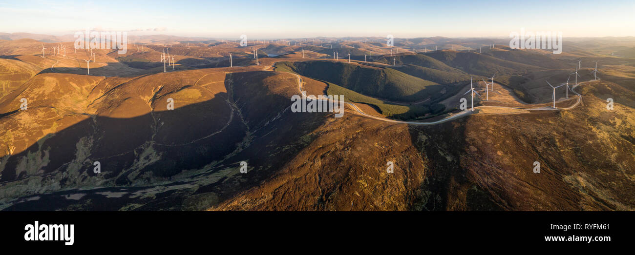 Aerial panorama showing the 206 turbine Clyde Wind Farm in evening ...