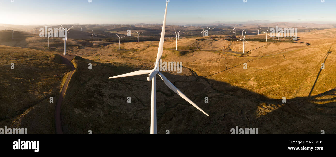 Aerial panorama showing the 206 turbine Clyde Wind Farm in evening ...