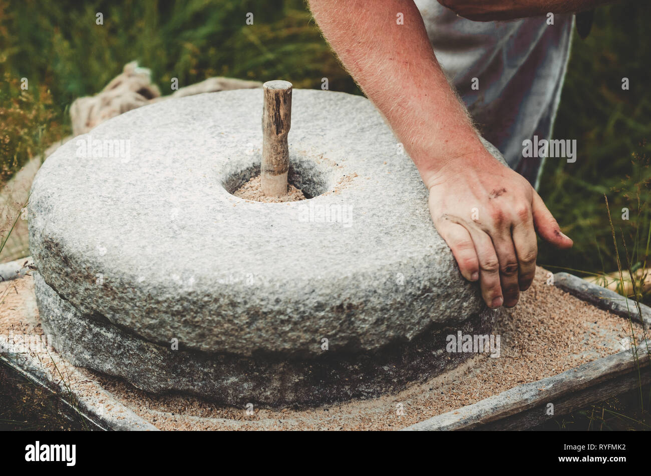 The ancient quern stone hand mill with grain. The man grinds the grain ...