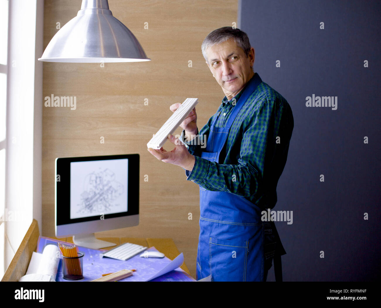 profession, carpentry, woodwork and people concept - carpenter testing ...