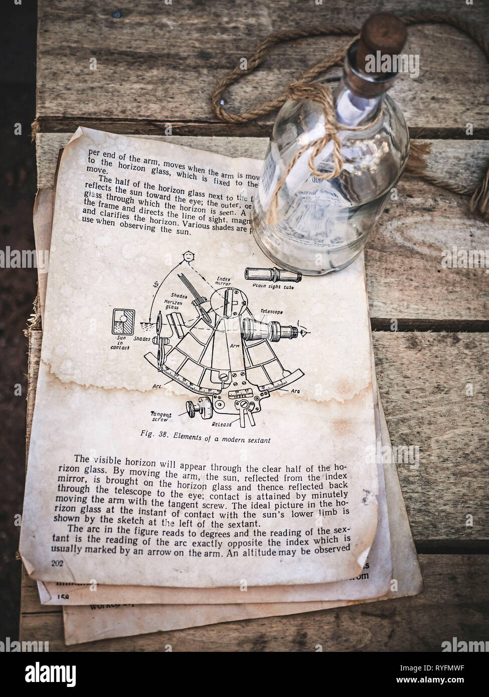 Vintage still life with sextant picture in a old book and empty glass ...